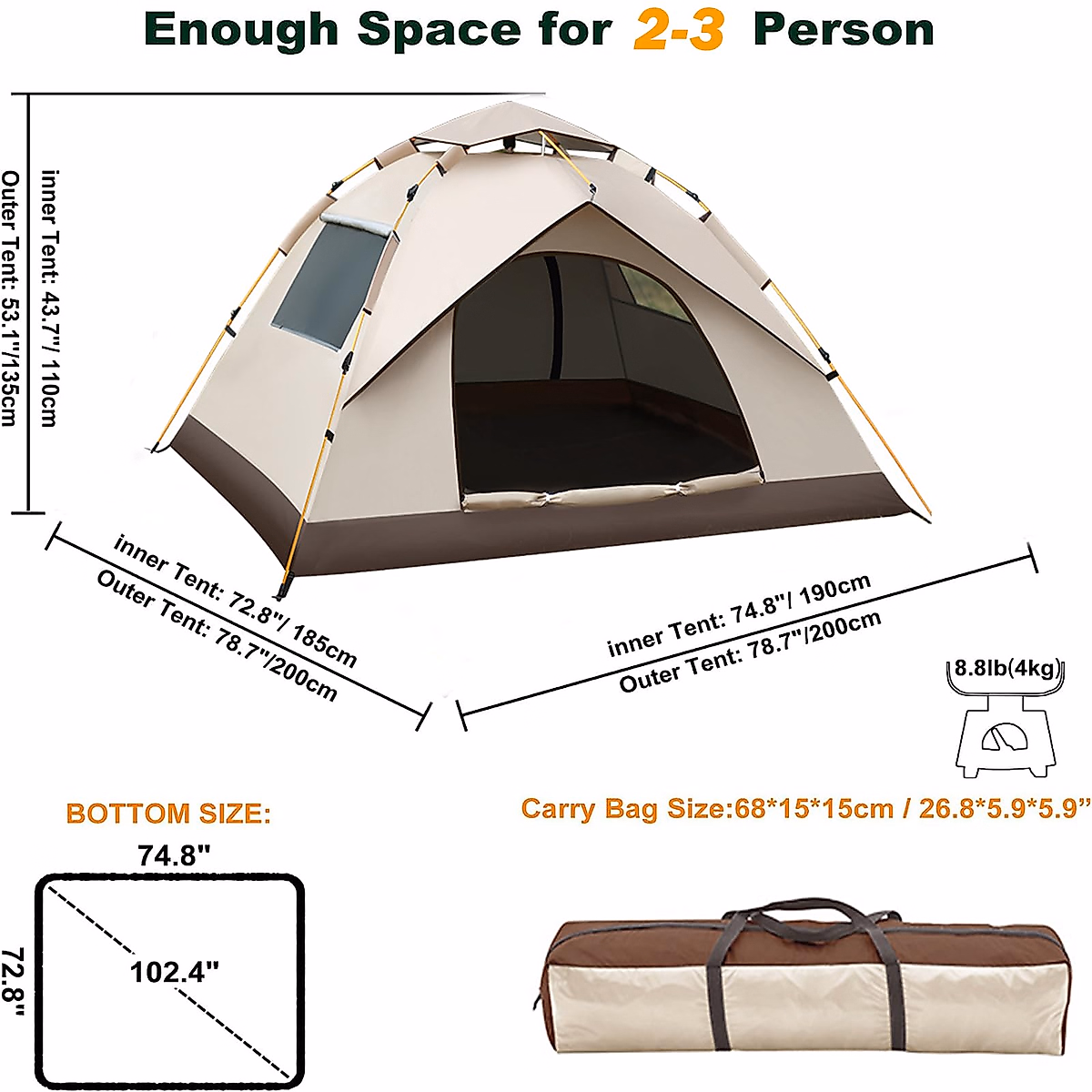 2-3 Person Camping Tent, Waterproof Family Tent for Camping, Instant Easy Up Double Layer Anti-UV 2 Windows 2 Doors-Instant Family Tents for Camping Hiking & Traveling