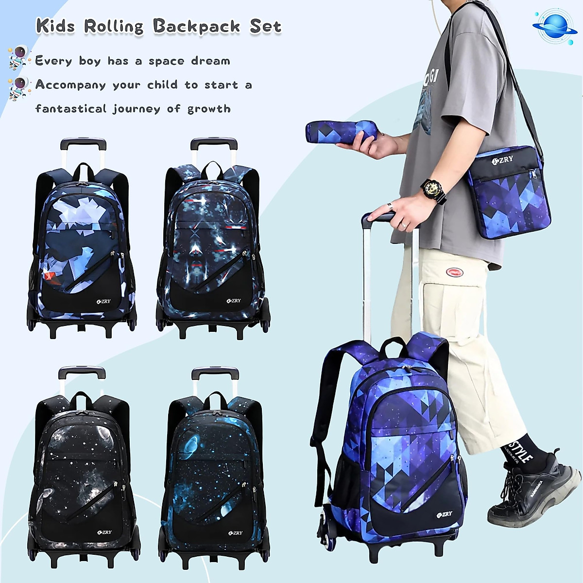 Bansusu 3Pcs Black Galaxy Primary Middle School Bag Rolling Backpack Set for Elementary Boys Wheeled Bookbag with Six Wheels