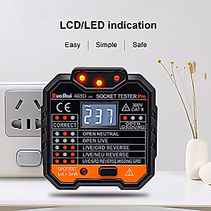 Ruoshui Outlet Tester 48-250V, GFCI Tester CAT II 300V, Receptacle Tester with Voltage Display, Standard US Electrical Socket Tester with 7 Visual Indications for Home & Professional Use…