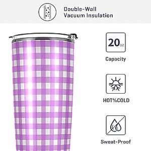 Purple and White Checkered Stainless Steel vacuum insulated water bottle with Lid and Straw coffee travel mug 20oz for Water, Iced Tea or Coffee leakproof tumblers with lids botellas para agua