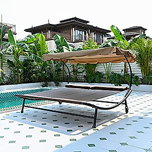 5-Star Compatible Ink Double Chaise Lounge Bed with Adjustable Canopy and Pillow and Wheels, Extra Large Patio Hammock Bed for Garden, Lawn, Backyard, Courtyard, 6.6'L x 6.5'W, Brown