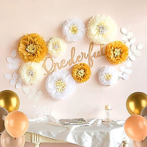 Fonder Mols Tissue Paper Chrysanth Flowers Paper Leaves DIY Crafting for Rustic Wedding Backdrop Baby Shower Nursery Decorations (Set of 15, Khaki Ivory White)