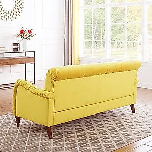 JINS&VICO Sofa Couch, Velvet Accent Sofa with Tufted Back, Upholstered Chesterfield Couch,Modern Sofa with Wood Legs for Living Room Furniture, Yellow