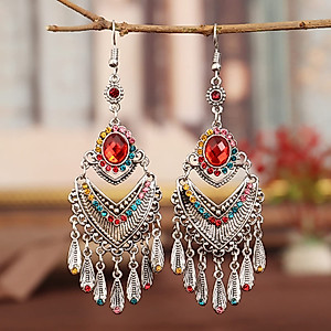 Women Dangle Earrings, 1 Pair Hook Earrings Vintage Ethnic Style Elegant Hollow Delicate Drop Earrings for Travelling Drop Earrings Women Beauty (Colour Name : Green) (Red b)