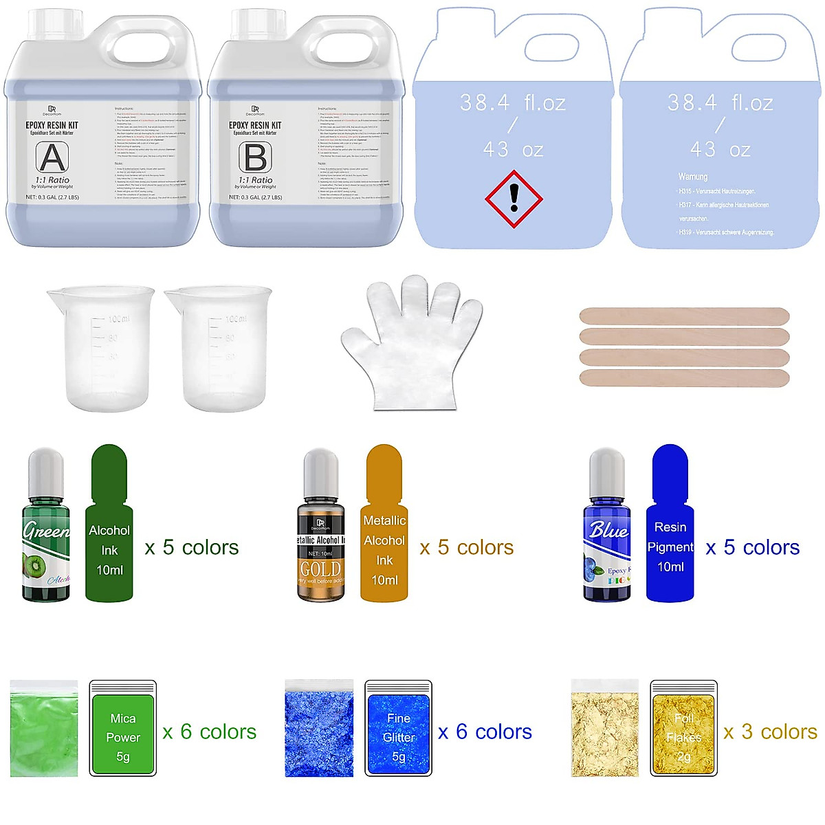 Epoxy Resin Starter Kit - .6 Gallon Epoxy Resin with Alcohol Ink, Metallic Ink, Resin Pigment, Mica Powder, Foil Flakes, Glitter and Cast Accessories for Beginners, DIY Resin, Jewelry Making, Tumbler