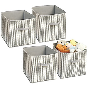 mDesign Soft Fabric Nursery/Playroom Closet Storage Organizer Bin Box with Front Handle for Cube Furniture Shelving Units - Holds Toys, Clothes, Diapers, Bibs - Spira Collection, 4 Pack, Taupe/Natural
