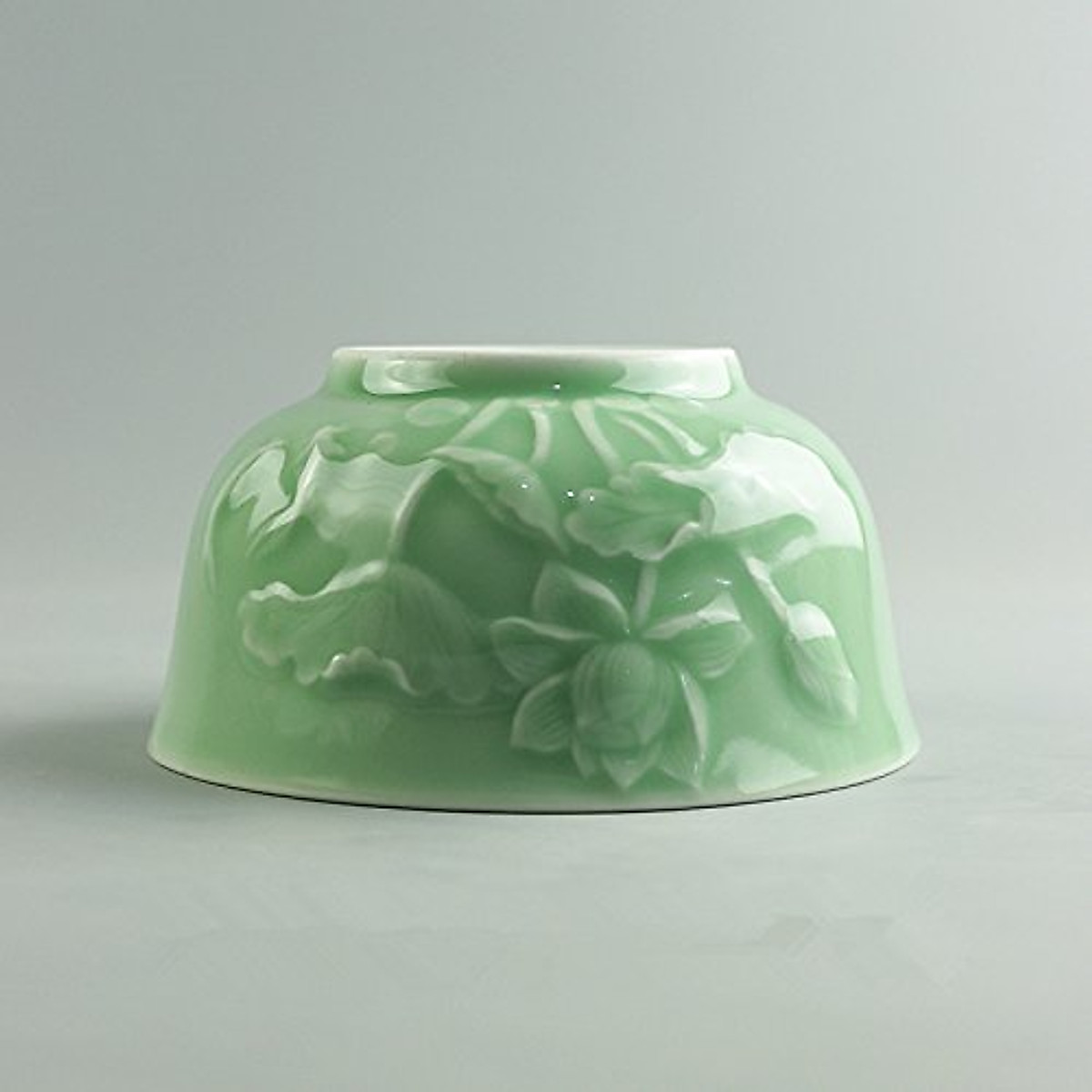 Rice Bowls 13.5Ounce Celadon Porcelain Engraved Lotus for Cereal and Soup(5 Inch)