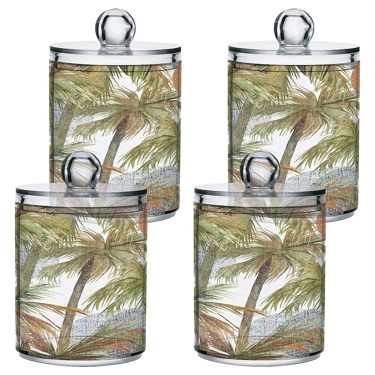 Kigai Abstract Palm Tree Qtip Holder Dispenser - 14OZ Clear Plastic Apothecary Jars Food Storage Jar with Lids Bathroom Canister Organizer for Coffee, Tea, Candy, Floss (2Pack)