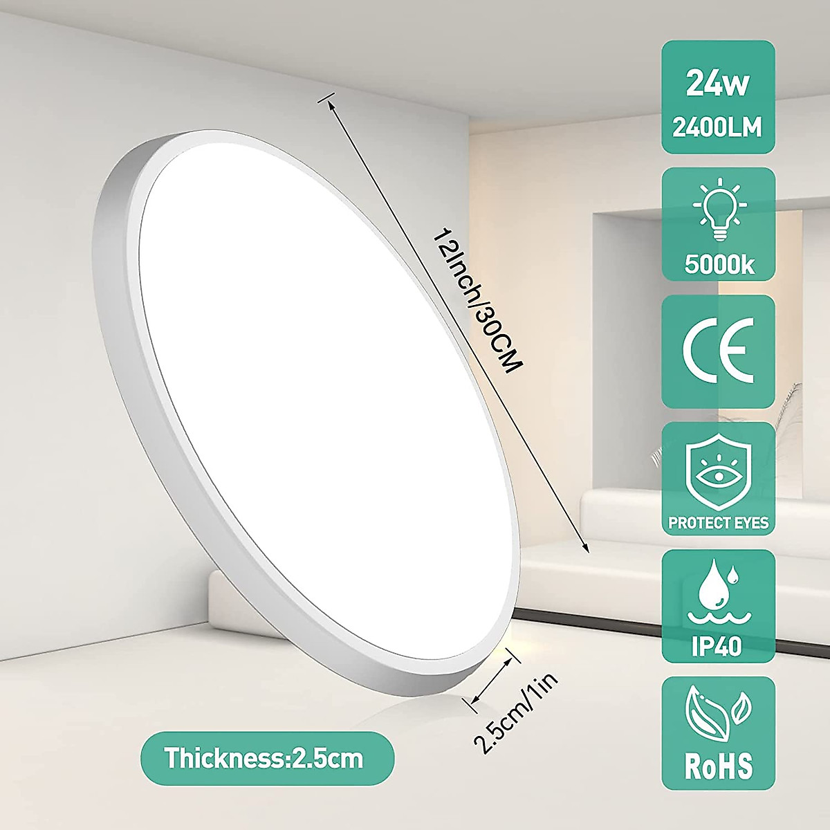 DODOPEN Motion Sensor Ceiling Light Wired - 12 Inch Motion Activated Flush Mount Lighting Fixture - 24W LED Ceiling Light for Closet, Hallway, Porch, Laundry, Garage, Basements - 5000K White