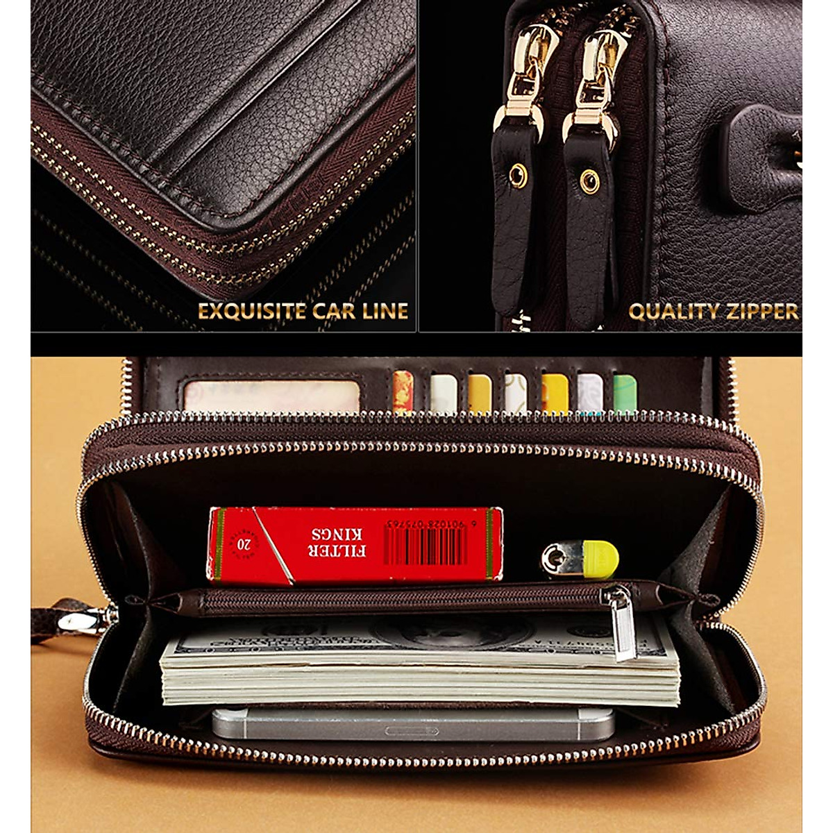 Black Sales Friday Deals Mens Long Leather Cellphone Clutch Wallet Purse for Men Large Travel Business Hand Bag Cell Phone Holster Card Holder Case Gift for Father Son Husband Boyfriend (Brown)