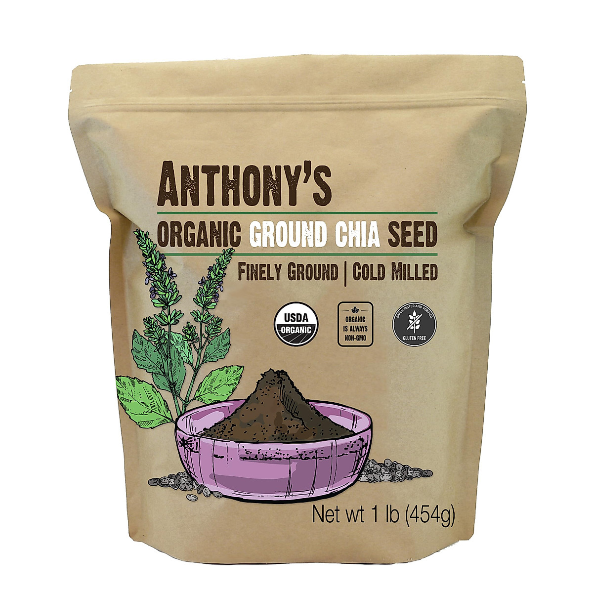 Anthony's Organic Ground Chia Seed, 1 lb, Finely Ground, Cold Milled, Gluten Free, Non GMO