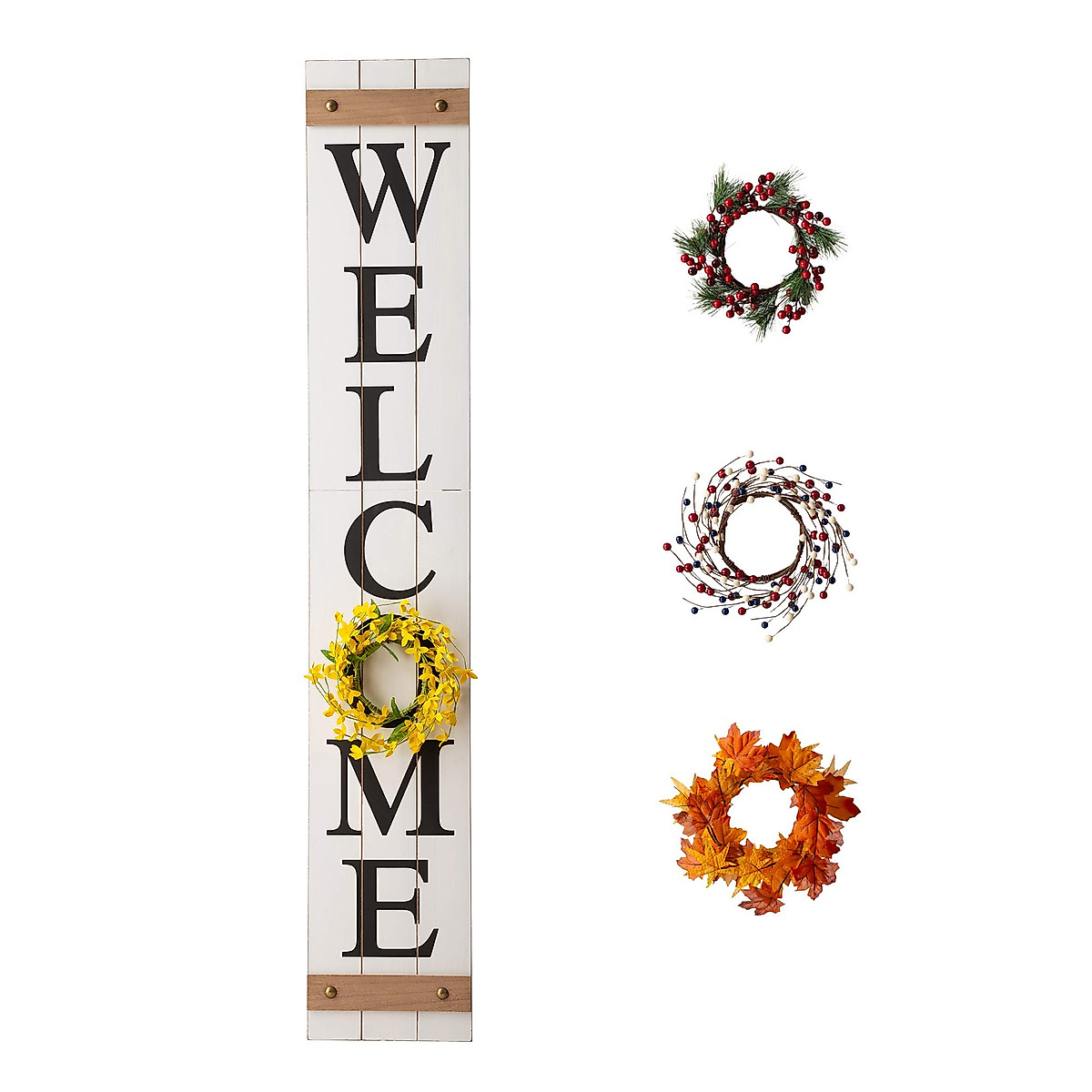 Glitzhome Welcome Sign with 4 Interchangeable Floral Wreaths for Front Door Porch, Farmhouse Wooden Hanging Wall Sign for Seasons Spring Fall Harvest Thanksgiving Christmas, 60”H, White