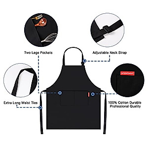 APRONPANDA Chef Apron for Men Women with 2 Pockets,100% Cotton Kitchen Cooking BBQ Apron with Adjustable Neck,Unisex Black Apron