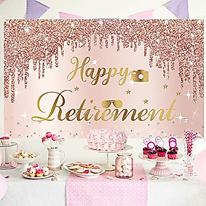 Happy Retirement Party Banner Backdrop Decorations for Women, Pink Rose Gold Retirement Theme Party Supplies, Extra Large Retired Party Photo Booth Poster Background Sign Decor