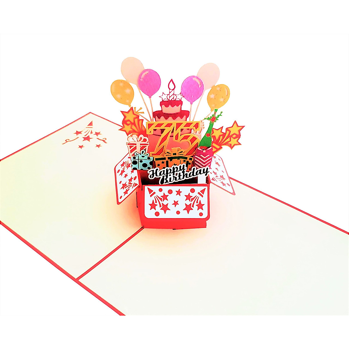 iGifts And Cards Happy 75th Red Birthday Party Box 3D Pop Up Greeting Card – Seventy-Five, Awesome, Balloons, Unique, Celebration, Feliz Cumpleaños, Fun, Mom, Dad