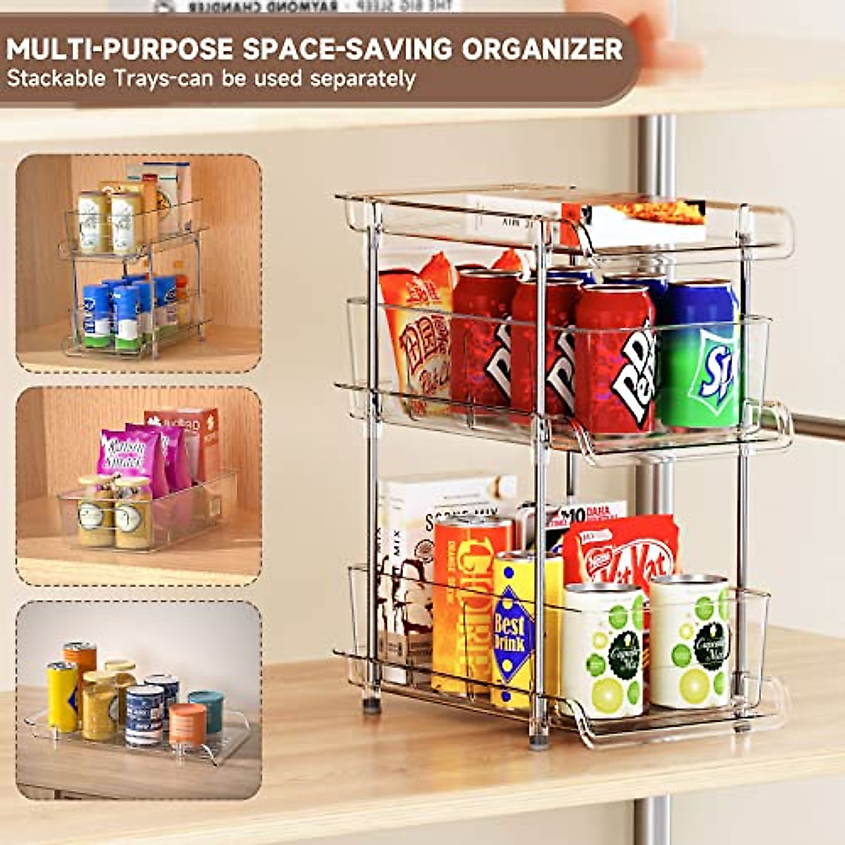 2Set 3 Tier Clear Bathroom Organizer with Dividers, Pull-Out Pantry Organization and Storage, Multi-Purpose Under Sink Organizers and Storage, Vanity Skincare Cosmetic Closet Organizer Medicine Bins