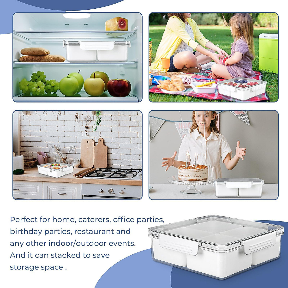 ISUSSER Square Plastic Divided Serving Tray with Lid, Snack Container, Divided Fruit Vegetable Snack Tray Container with 4 Compartments for Refrigerator