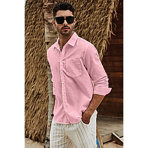 JMIERR Mens Cotton Linen Casual Stylish Button-Down Shirt Long Sleeve Business Fitted Dress Shirts Summer Beach Shirts for Men Old Money Regular Fit with Pocket, US 46(XL), Pink