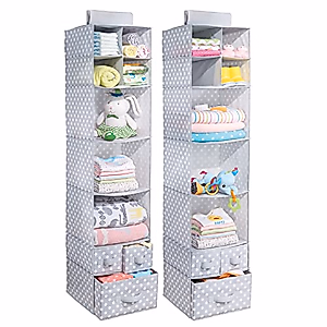 mDesign Soft Fabric Over Closet Rod Hanging Storage Organizer with 7 Shelves and 3 Removable Drawers for Child/Kids Room or Nursery - Polka Dot Pattern - 2 Pack - Light Gray with White Dots