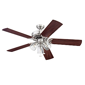 Prominence Home Saybrook, 52 inch Indoor Farmhouse LED Ceiling Fan with Light, Pull Chain, Three Mounting Options, Dual Finish Blades, Reversible Motor - 51592-01 (Matte Nickel)