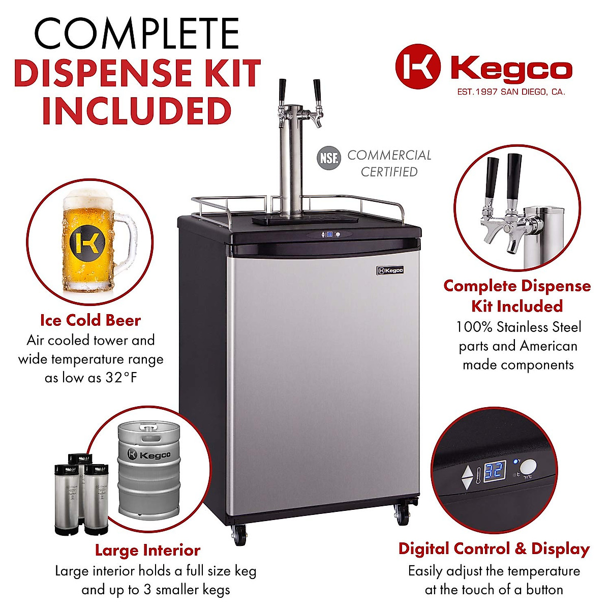 Kegco Keg Dispenser, Two Faucet, Stainless Steel