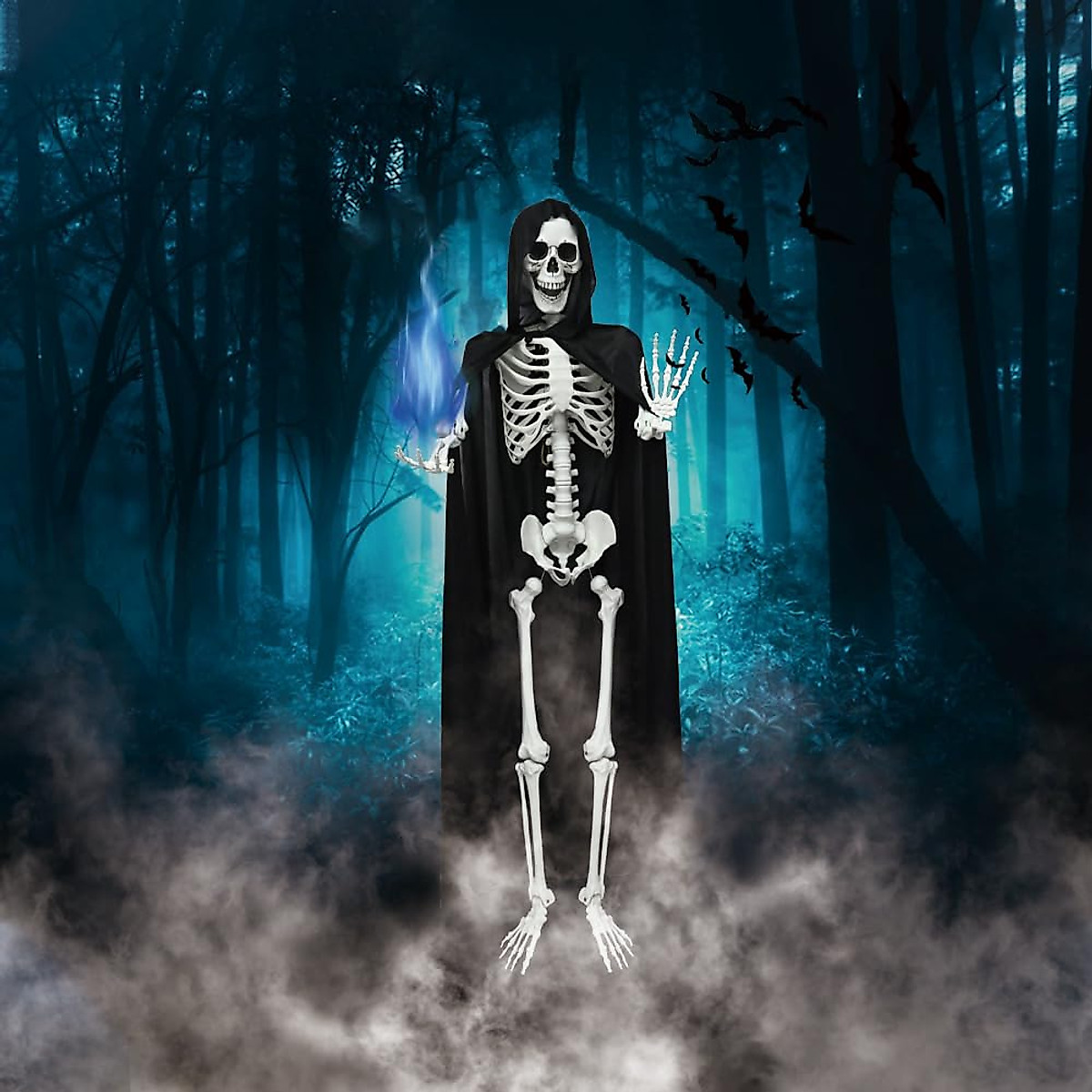 UMEELR 5.4ft/165cm Halloween Skeleton, Poseable Full Size Skeleton with Black Cloak, Life Size Human Bones for Halloween Front Yard Patio Lawn Garden