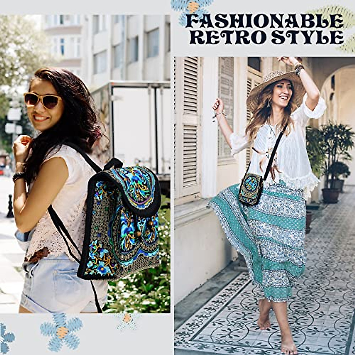 Saintrygo 3 Pcs Women Vintage Embroidery Ethnic Handmade Backpack Flower Crossbody Bag Purse Travel Shoulder Bag (Blue Series)