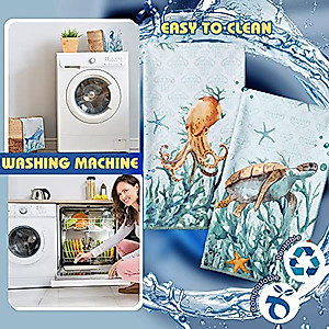 4 Pack Sea Kitchen Towels Beach Dish Towels for Kitchen Turtle Towels Hand Towels Ocean Animal Nautical Dish Cloths Kitchen Tea Towels for Cleaning, Drying (Ocean)