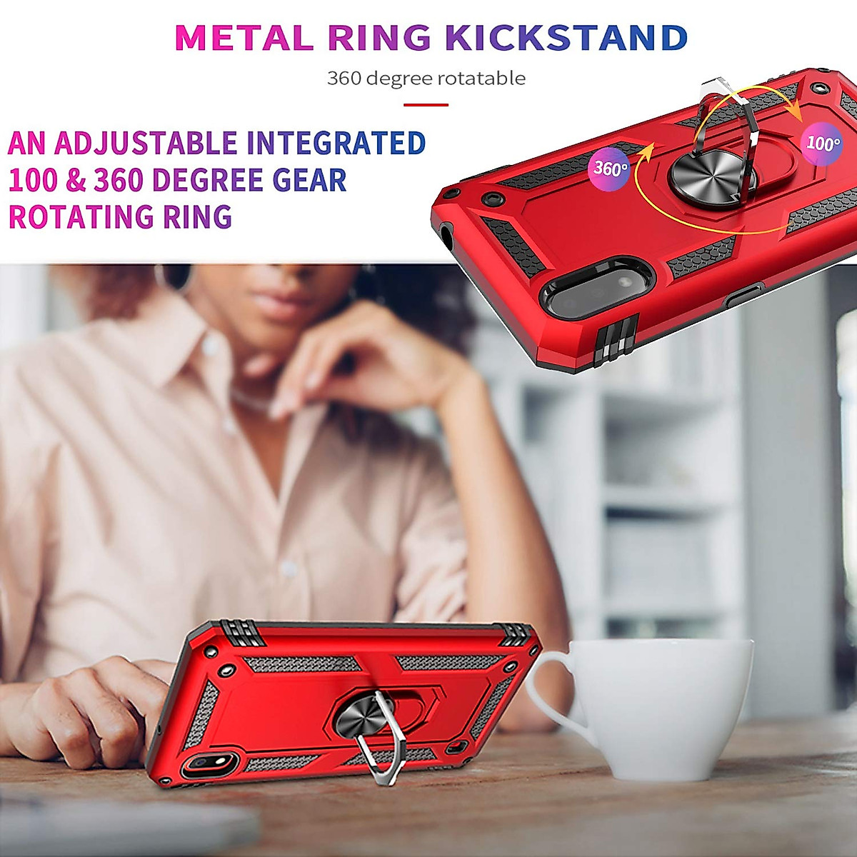 STARSHOP Samsung Galaxy A50 Phone Case, with [Tempered Glass Screen Protector Included], Military Grade Shockproof Drop Protection Phone Cover with Metal Ring Kickstand - Scarlet