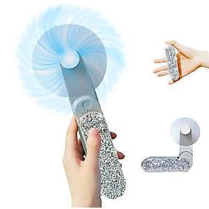 Mini Portable Bride Fan with Rhinestone Decor Bling Foldable Battery Operated Little Handheld Fan for Desk, Camping, Travel, & Outdoor Events for Bride（White)