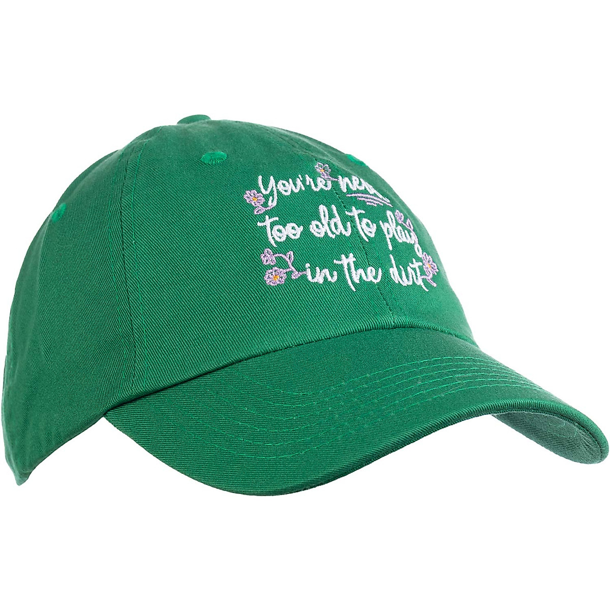 Ann Arbor T-shirt Co. Never Too Old to Play in Dirt | Funny Gardener Gardening Baseball Cap Dad Style Hat Men's or Women's- Green