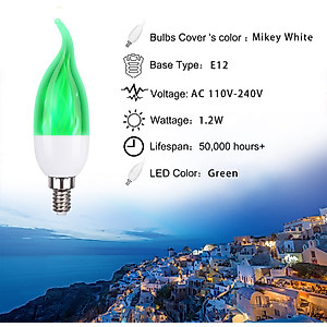 OHLGT E12 Flame Bulbs, 3 Mode LED Candelabra 2.0 Watt Green Chandelier Candle Light Bulbs, Flame Tip for Christmas Party Decorations（2 Packs）