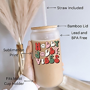 Holly Jolly Vibes Glass Can, Christmas Iced Coffee Cup, 16oz Tumbler with Lid And Straw, Candy Cane tumbler, Christmas frosted tumbler, Christmas Gift for Exchange