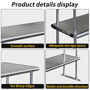 Vlaeng 60" x 12" Stainless Steel Double Overshelf, Double Overshelf with 6 Hooks, Adjustable Commercial Double Shelf for 60" Prep Work Table in Restaurant, Home, Kitchen and Workshop