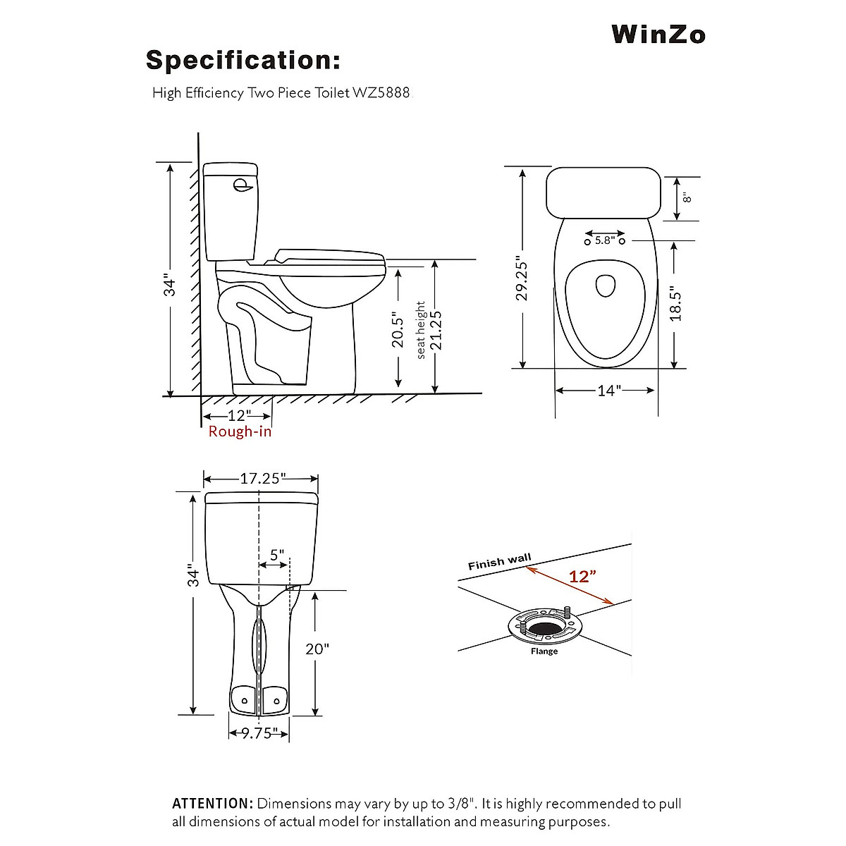 WinZo WZ5888 Elongated Two Piece Toilet with Extra Tall Bowl 21.25” Comfortable 1.28 GPF Side Flush White