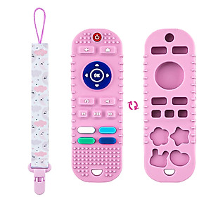 Silicone Baby Teething Toy Remote Control Shaped Baby Teether with a Cute Pacifier Clip Chain Soft Baby Chew Toys Early Sensory Education Molar Toy for Babies 3-18 Months (Pink)