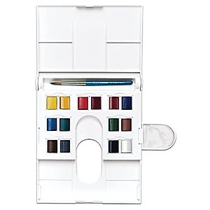 Winsor & Newton Cotman Watercolor Paint Set, Field Set, 14 Half Pan w/ Brush, Mixing Palette