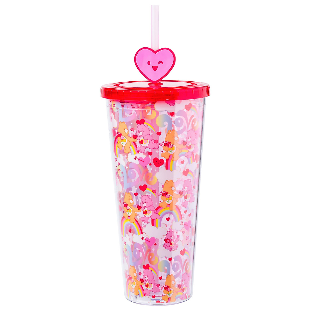 Silver Buffalo Care Bears Love Rainbow Hearts Featuring Friend Bear and Love-A-Lot Bear Plastic Cold Cup with Lid and Topper Straw, 24 Ounces