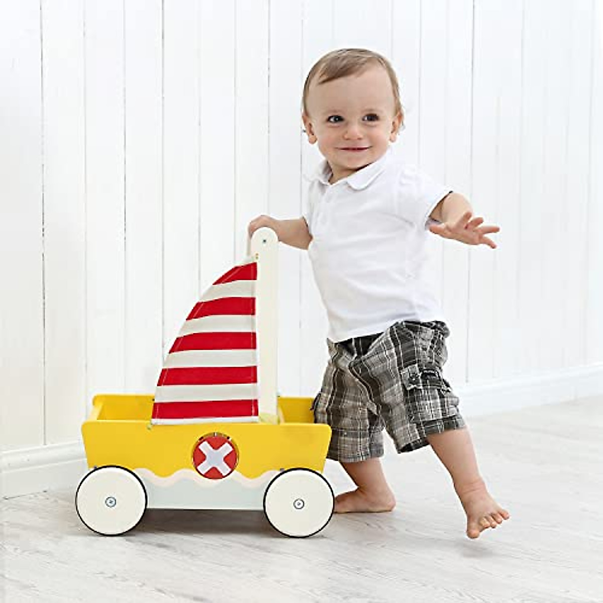Yellow Blue Aircraft Wooden Baby Push Walker - 2-in-1 Toddler Push & Pull Toys Learning Walker Stroller Walker with Wheels for Baby Girls Boys 1-3 Years Old