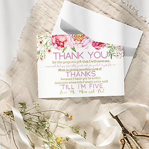 Cottage Floral Baby Shower Thank You Cards with Envelopes Blank Notes Prefilled Message Girls, Personalize for Registry Gifts Cute Pink and Gold Notecard Set 4x6 Stationery, 15 Pack