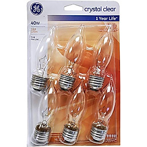 Set of 6 GE Crystal Clear 40 Watt Bent Tip Standard Base Light Bulbs
