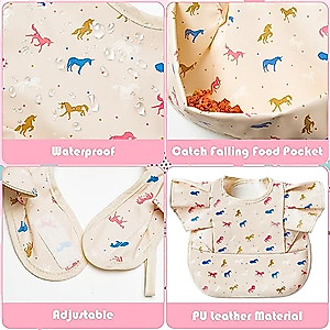 BUoonyer 3pcs Mess-Proof Baby Apron for Feeding Eating, Food Bibs with Catcher, Unicorn Rainbows Adjustable Waterproof Apron Mess Proof Bibs for Babies Toddlers Girls Boys Infant Newborn Birthday Gift