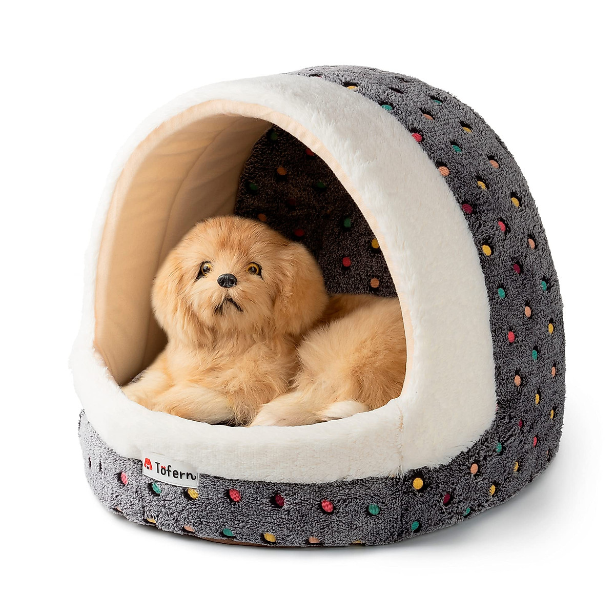 Tofern Dog Beds for Small Dog Cats Colorful Dots Pattern Striped Cute Fleece Warm Washable Igloo Pet Bed with Removable Cover