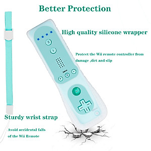 JTao-tec Wii Controller, 2 Packs Wii Controller and Wii Nunchuck for Wii and Wii U Console, with Silicone Case and Wrist Strap (Red + Water Blue)