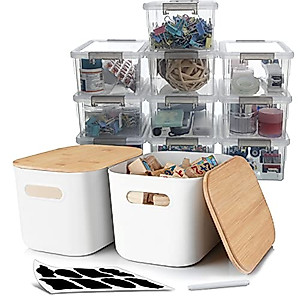 Citylife 2 PCS Storage Bins with Bamboo Lids & 10 PCS 1.3 QT Small Plastic Storage Container Stackable Box for Organizing