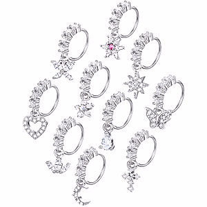 Tornito 10Pcs Dangle Nose Rings Hoop Butterfly Heart Moon Flower Star CZ Cartilage Earring Dangling Nose Body Piercing Jewelry 20G Silver Tone