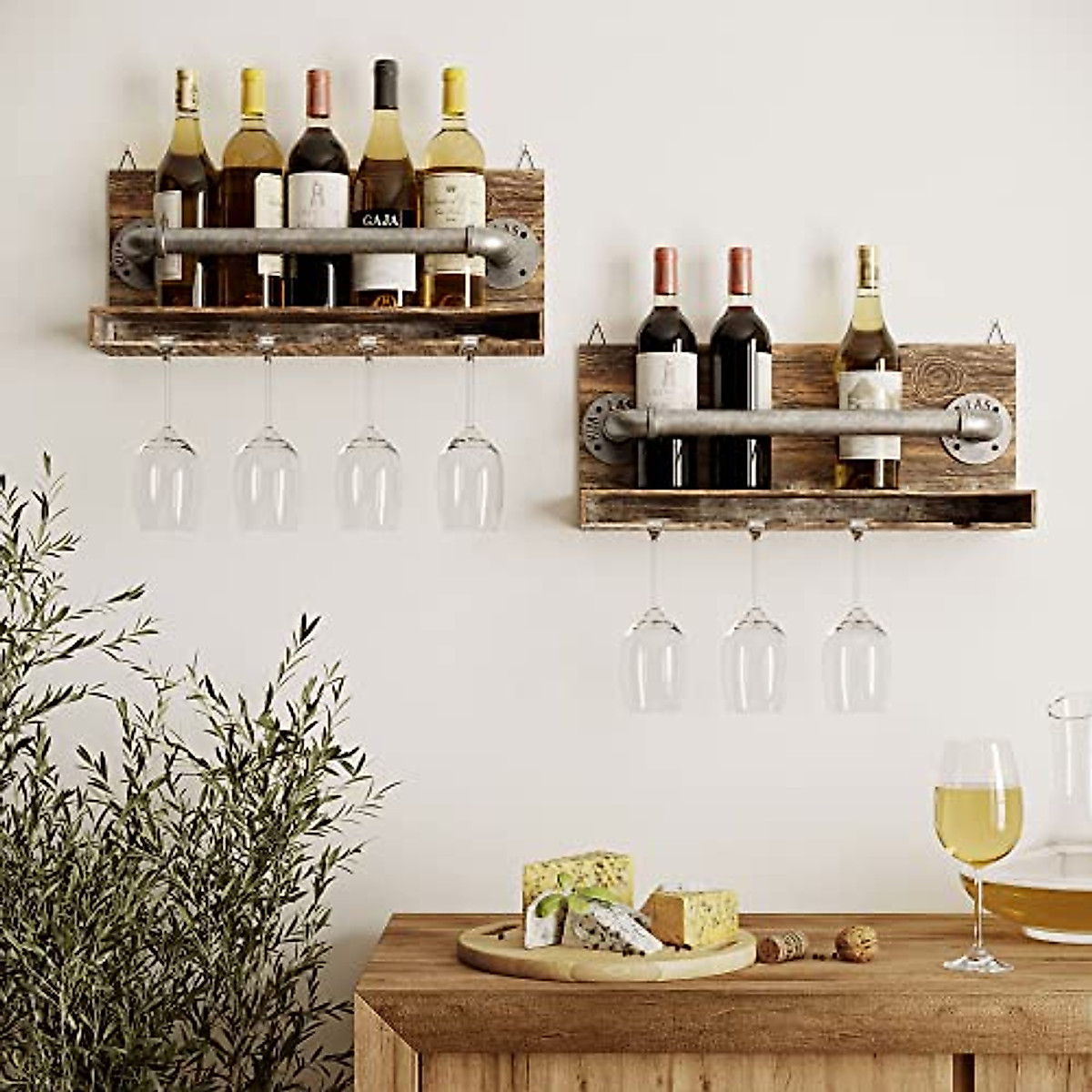 Barnyard Designs Wall Mounted Wine Rack - Bottle and Glass Holder - Hanging Wood and Metal Wine Rack Wall Mount for Bar and Kitchen Decor, 20.5" x 8.75"