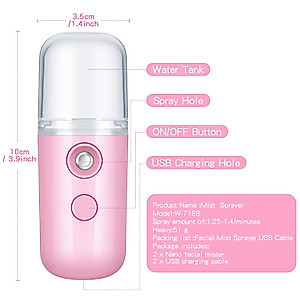 Honoson 2 Pieces Nano Facial Mister 30 ml Mini Face Humidifier Portable Facial Sprayer USB Rechargeable Handy Skin Care Machine for Face Hydrating, Daily Makeup (Dark Pink and White)