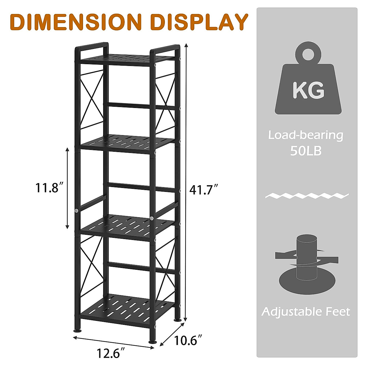 JSB 4 Tier Metal Bookshelf Bathroom Storage Standing Shelf Unit Kitchen Storage Organizer Display Rack Bookcases Shelves for Living Room, Bedroom, Office (Black, 4 Tier)