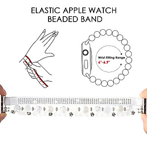 CAGOS Beaded Bracelet Compatible with Apple Watch Band 41mm 38mm 40mm Women, Bling Charm Elastic Scrunchie Dressy Strap for iWatch Bands Series 9/8/7/6/5/4/3/2/1/SE, Pure White